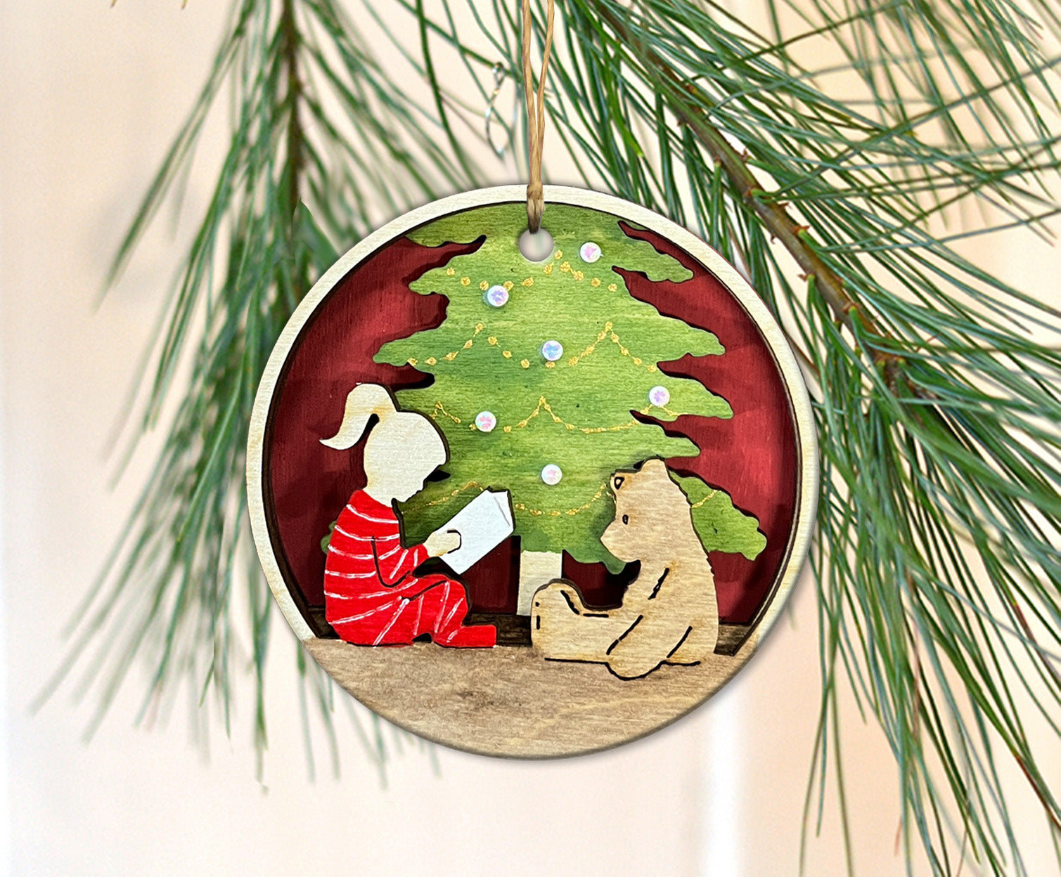 Hand Painted Wooden Reading to Teddy Bear Ornament – Cedar + Pearl